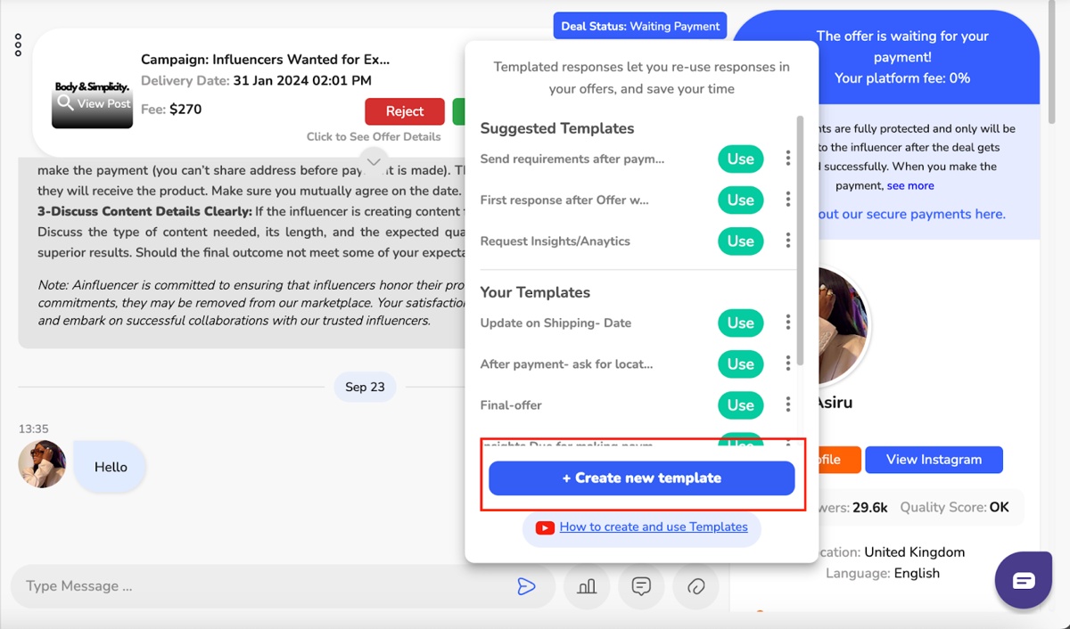 How to Create a Chat Template on Ainfluencer's Chat? | Ainfluencer